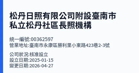 松丹日照有限公司附設臺南市私立松丹社區長照機構的照片-統編 00362597(臺南市) 公司登記資料與營業項目詳細圖表