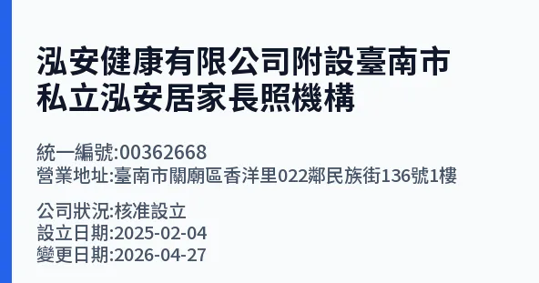 泓安健康有限公司附設臺南市私立泓安居家長照機構的照片-統編 00362668(臺南市) 公司登記資料與營業項目詳細圖表