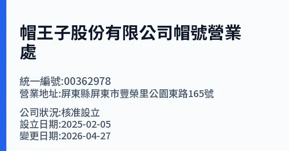 帽王子股份有限公司帽號營業處的照片-統編 00362978(屏東縣) 公司登記資料與營業項目詳細圖表
