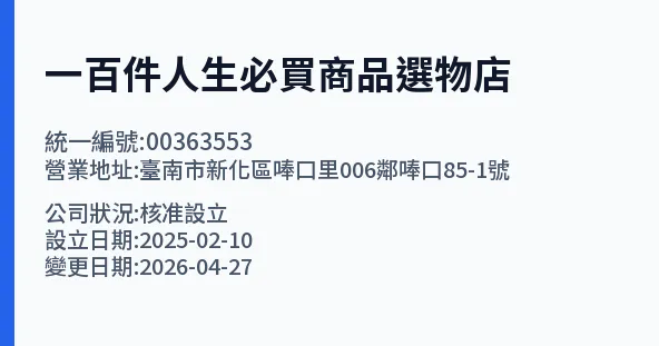一百件人生必買商品選物店的照片-統編 00363553(臺南市) 公司登記資料與營業項目詳細圖表