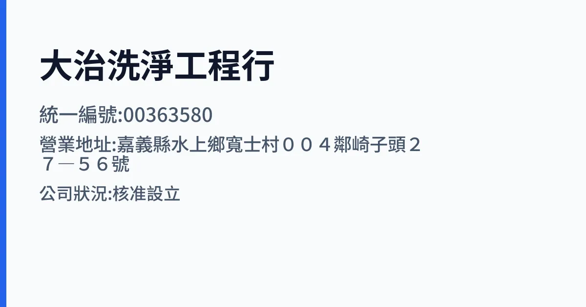 大治洗淨工程行 - 統編 00363580(嘉義縣) 公司登記資料與營業項目詳細圖表