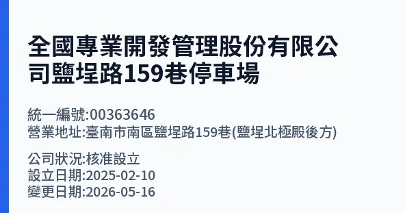 全國專業開發管理股份有限公司鹽埕路159巷停車場的照片-統編 00363646(臺南市) 公司登記資料與營業項目詳細圖表