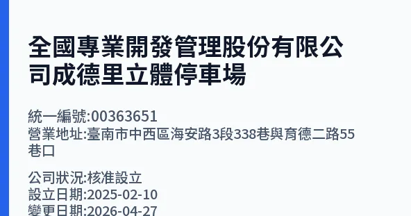 全國專業開發管理股份有限公司成德里立體停車場的照片-統編 00363651(臺南市) 公司登記資料與營業項目詳細圖表