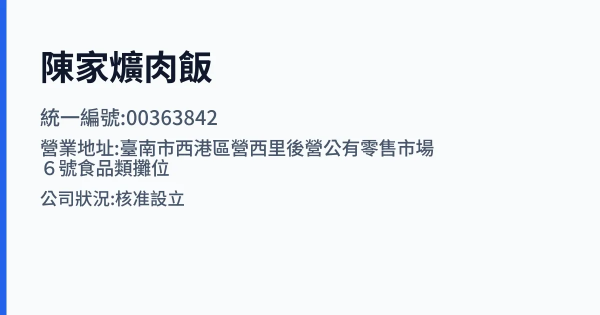 陳家爌肉飯 - 統編 00363842(臺南市) 公司登記資料與營業項目詳細圖表