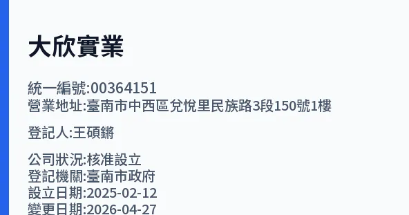大欣實業的照片-統編 00364151(臺南市) 公司登記資料與營業項目詳細圖表