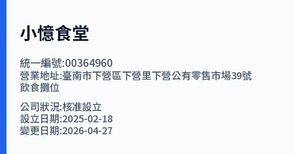 小憶食堂的照片-統編 00364960(臺南市) 公司登記資料與營業項目詳細圖表