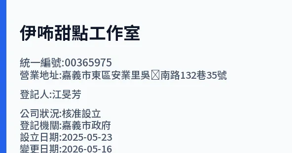 伊咘甜點工作室的照片-統編 00365975(嘉義市) 公司登記資料與營業項目詳細圖表