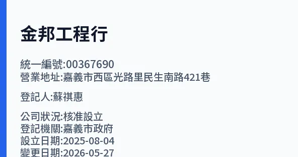 金邦工程行的照片-統編 00367690(嘉義市) 公司登記資料與營業項目詳細圖表