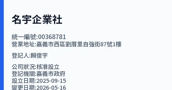 名宇企業社的照片-統編 00368781(嘉義市) 公司登記資料與營業項目詳細圖表