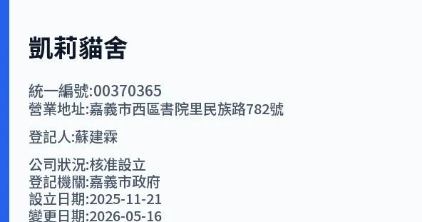 凱莉貓舍的照片-統編 00370365(嘉義市) 公司登記資料與營業項目詳細圖表