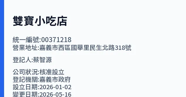 雙寶小吃店的照片-統編 00371218(嘉義市) 公司登記資料與營業項目詳細圖表