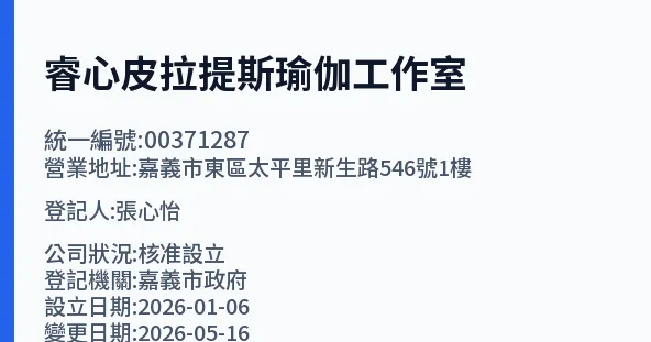 睿心皮拉提斯瑜伽工作室的照片-統編 00371287(嘉義市) 公司登記資料與營業項目詳細圖表