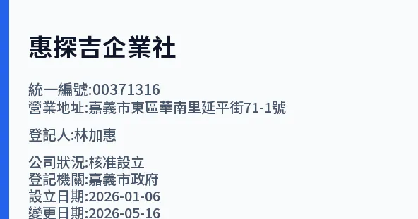 惠探吉企業社的照片-統編 00371316(嘉義市) 公司登記資料與營業項目詳細圖表