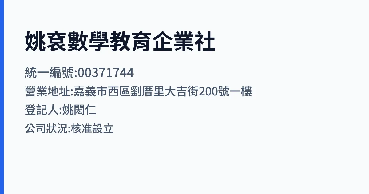 姚袞數學教育企業社 - 統編 00371744(嘉義市) 公司登記資料與營業項目詳細圖表