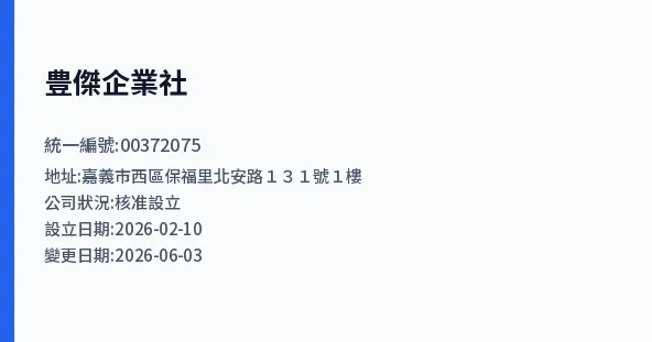 豊傑企業社的照片-統編 00372075 公司登記資料與營業項目詳細圖表