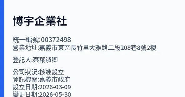 博宇企業社的照片-統編 00372498(嘉義市) 公司登記資料與營業項目詳細圖表