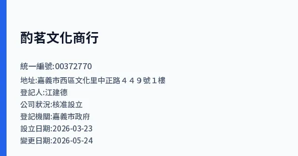 酌茗文化商行的照片-統編 00372770(嘉義市) 公司登記資料與營業項目詳細圖表