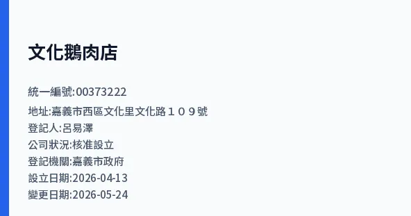 文化鵝肉店的照片-統編 00373222(嘉義市) 公司登記資料與營業項目詳細圖表