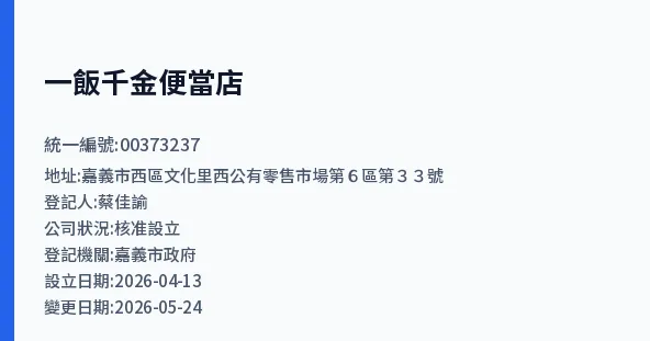 一飯千金便當店的照片-統編 00373237(嘉義市) 公司登記資料與營業項目詳細圖表