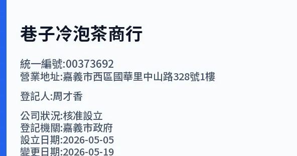 巷子冷泡茶商行的照片-統編 00373692(嘉義市) 公司登記資料與營業項目詳細圖表