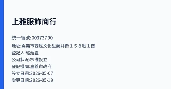 上雅服飾商行的照片-統編 00373790(嘉義市) 公司登記資料與營業項目詳細圖表