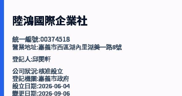 陸鴻國際企業社的照片-統編 00374518 公司登記資料與營業項目詳細圖表