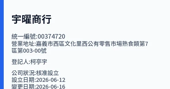 宇曜商行的照片-統編 00374720(嘉義市) 公司登記資料與營業項目詳細圖表