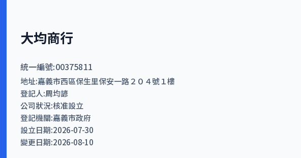 大均商行的照片-統編 00375811(嘉義市) 公司登記資料與營業項目詳細圖表
