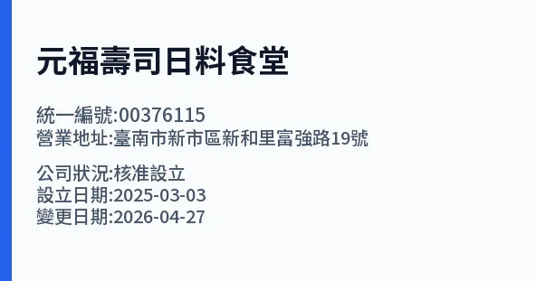 元福壽司日料食堂的照片-統編 00376115(臺南市) 公司登記資料與營業項目詳細圖表