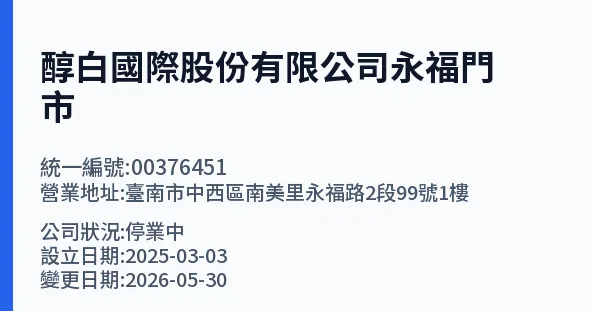 醇白國際股份有限公司永福門市的照片-統編 00376451(臺南市) 公司登記資料與營業項目詳細圖表