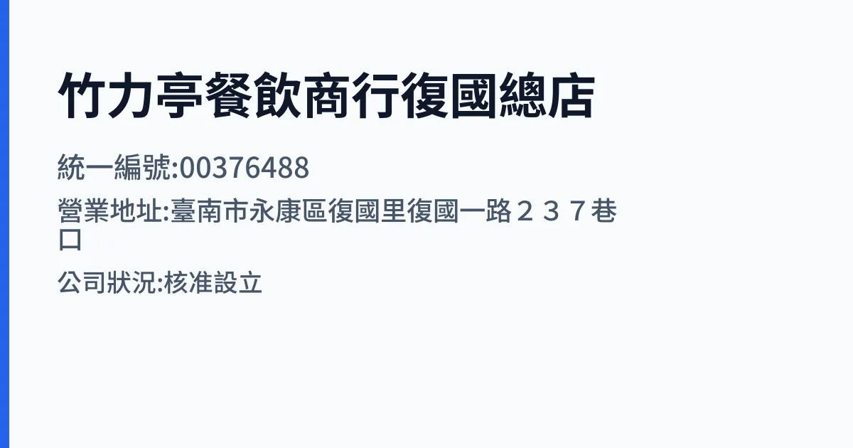 竹力亭餐飲商行復國總店 - 統編 00376488(臺南市) 公司登記資料與營業項目詳細圖表