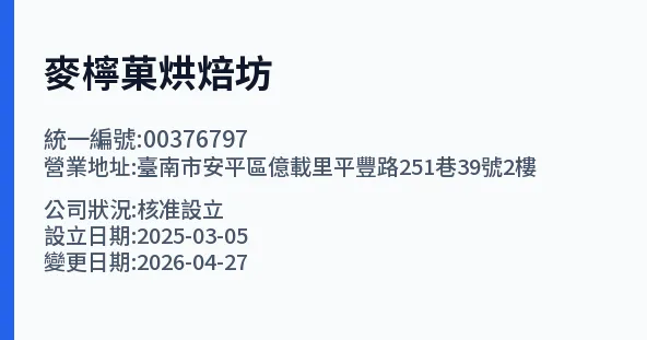 麥檸菓烘焙坊的照片-統編 00376797(臺南市) 公司登記資料與營業項目詳細圖表