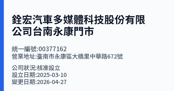 銓宏汽車多媒體科技股份有限公司台南永康門市的照片-統編 00377162(臺南市) 公司登記資料與營業項目詳細圖表