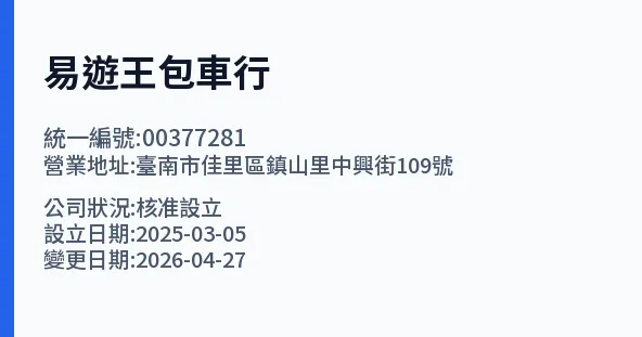 易遊王包車行的照片-統編 00377281(臺南市) 公司登記資料與營業項目詳細圖表