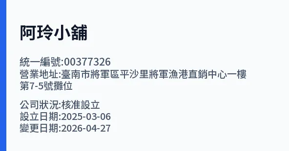 阿玲小舖的照片-統編 00377326(臺南市) 公司登記資料與營業項目詳細圖表