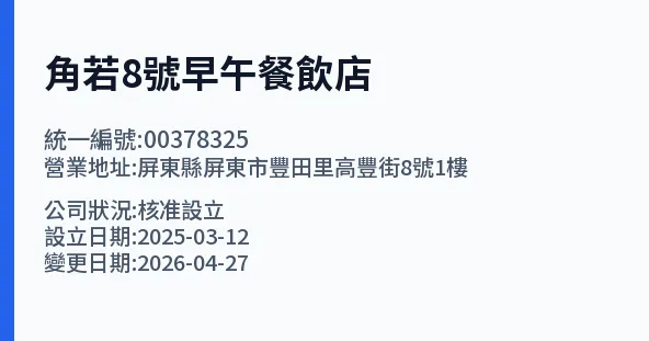 角若8號早午餐飲店的照片-統編 00378325(屏東縣) 公司登記資料與營業項目詳細圖表