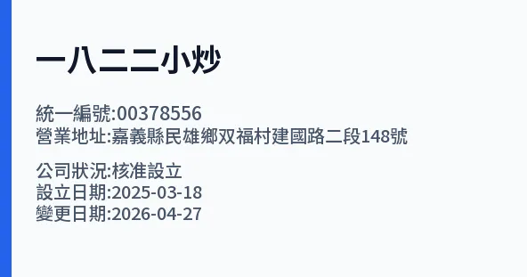 一八二二小炒的照片-統編 00378556(嘉義縣) 公司登記資料與營業項目詳細圖表