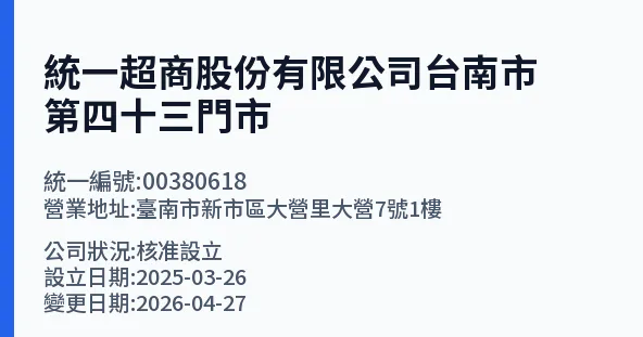 統一超商股份有限公司台南市第四十三門市的照片-統編 00380618(臺南市) 公司登記資料與營業項目詳細圖表