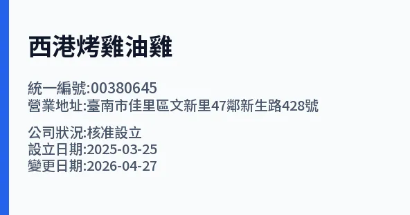 西港烤雞油雞的照片-統編 00380645(臺南市) 公司登記資料與營業項目詳細圖表
