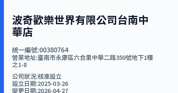 波奇歡樂世界有限公司台南中華店的照片-統編 00380764(臺南市) 公司登記資料與營業項目詳細圖表