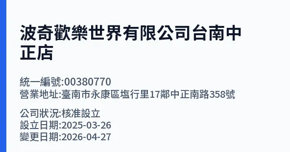 波奇歡樂世界有限公司台南中正店的照片-統編 00380770(臺南市) 公司登記資料與營業項目詳細圖表