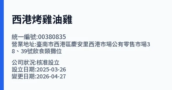西港烤雞油雞的照片-統編 00380835(臺南市) 公司登記資料與營業項目詳細圖表
