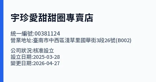 宇珍愛甜甜圈專賣店的照片-統編 00381124(臺南市) 公司登記資料與營業項目詳細圖表