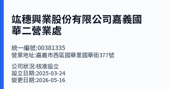 竑穗興業股份有限公司嘉義國華二營業處的照片-統編 00381335(嘉義市) 公司登記資料與營業項目詳細圖表