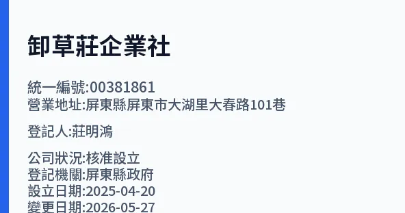 卸草莊企業社的照片-統編 00381861(屏東縣) 公司登記資料與營業項目詳細圖表