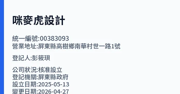 咪麥虎設計的照片-統編 00383093(屏東縣) 公司登記資料與營業項目詳細圖表