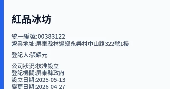 紅品冰坊的照片-統編 00383122(屏東縣) 公司登記資料與營業項目詳細圖表