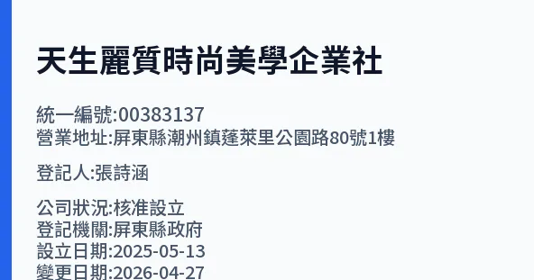 天生麗質時尚美學企業社的照片-統編 00383137(屏東縣) 公司登記資料與營業項目詳細圖表