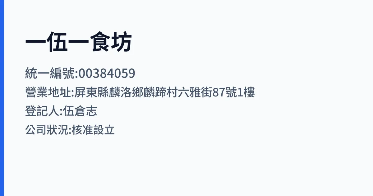 一伍一食坊 - 統編 00384059(屏東縣) 公司登記資料與營業項目詳細圖表