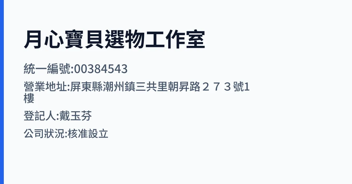 月心寶貝選物工作室 - 統編 00384543(屏東縣) 公司登記資料與營業項目詳細圖表